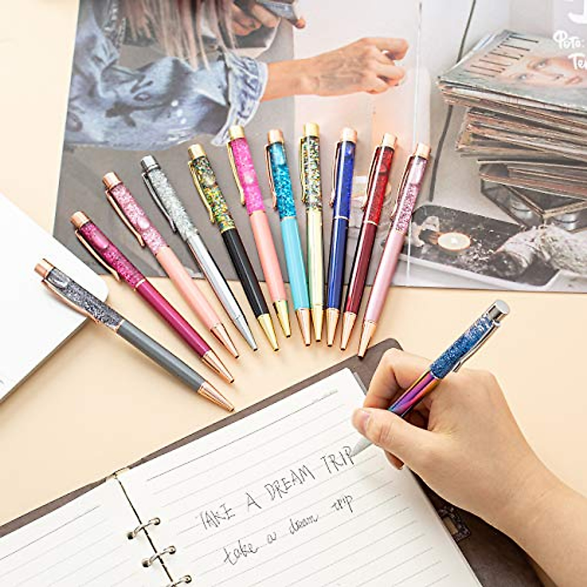 PASISIBICK Ballpoint Pens,Bling Dynamic Crystal Liquid Ballpens Black Ink for Office Supplies(12 Pcs)