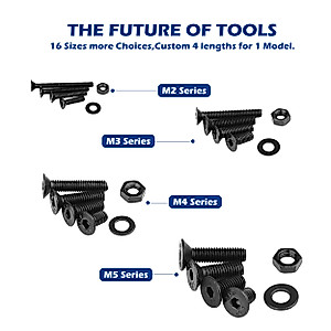 JROUTH 1500pcs Screws Assortment , M2 M3 M4 M5 10.9 Grade Alloy Steel Hex Flat Head Cap Bolts Nuts Washers Assortment Kit with Hex Wrenches