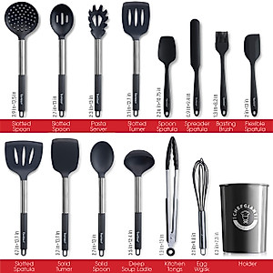 Chef Giant Silicone Kitchen Utensil Set | 15-Piece Stainless Steel Cooking Tool Kit with Holder, Spatula, Ladle, Pasta Server, Tongs, Whisk & More | Heat Resistant, BPA Free, Dishwasher Safe | Black