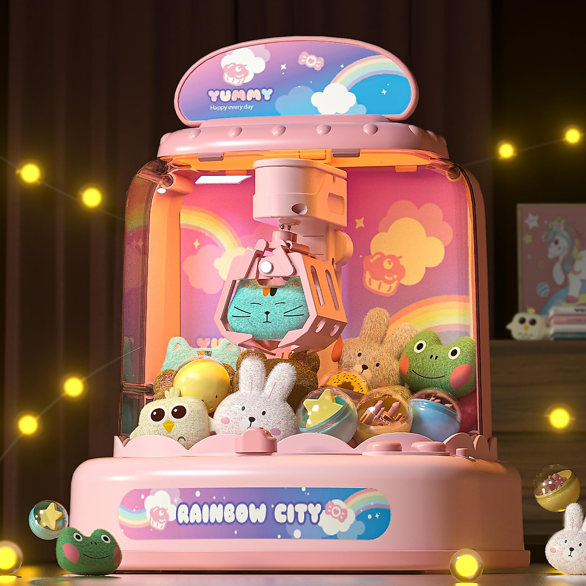 DOLIVE Mini Claw Machine for Kids，Electronic Dispenser Arcade Game Toys,Kids Vending Pink Machines with 6 Dolls 10 Capsule Toys, Grabber Plush,Adjustable Sounds and Music, Gifts for Girls