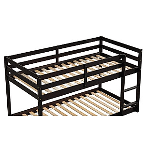 VilroCaz Twin Over Twin Floor Bunk Bed, Solid Wood Low Bunk Bed Frame with Built-in Ladder for Kids Teens Boys Girls, Strong Wood Slats Support (Espresso-K3)