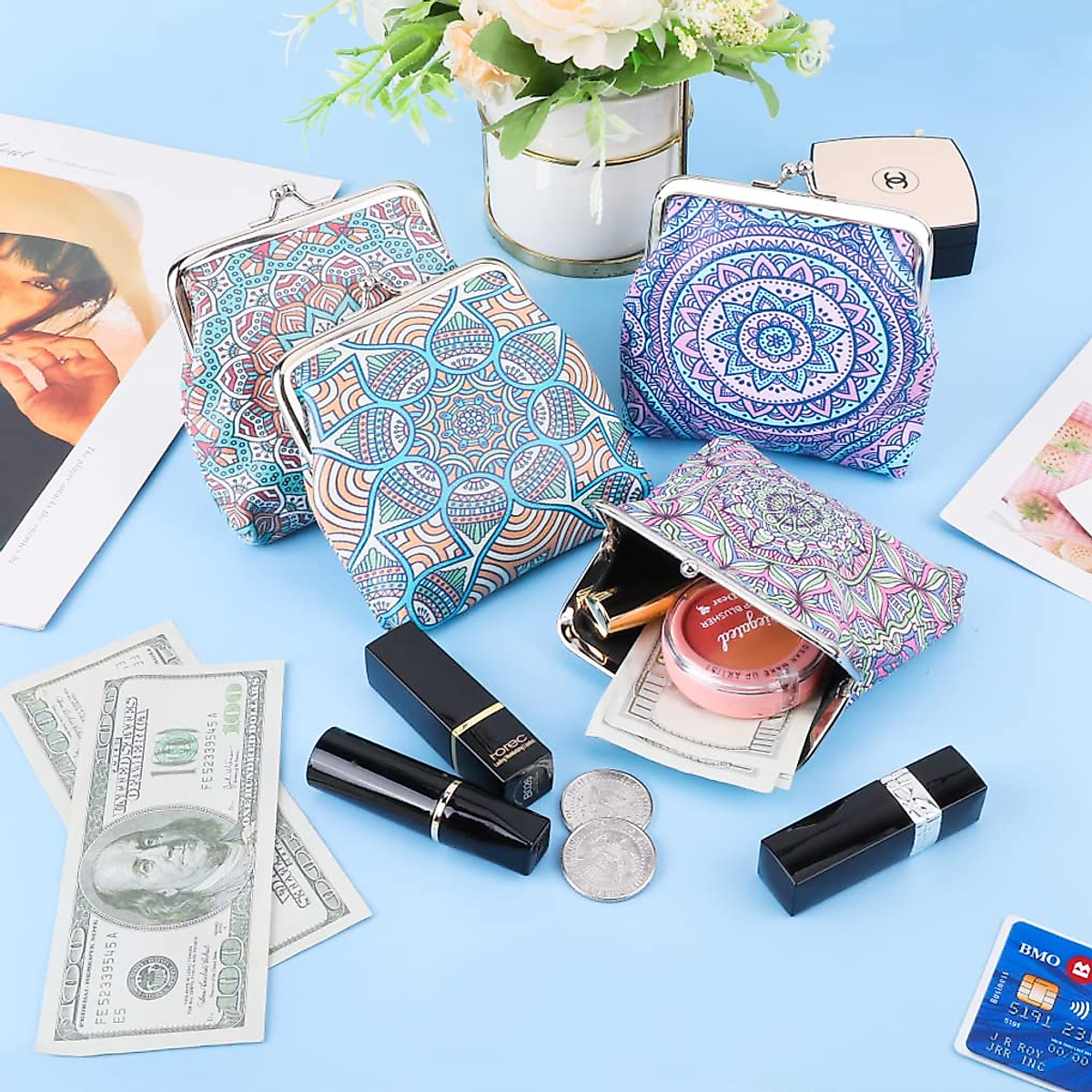 Oyachic 4 Pcs Mandala Coin Purses,PU Leather Change Purse,Vintage Wallets with Clasp Kiss-lock,Cute,Small Clutch Pouch for Woman Girls