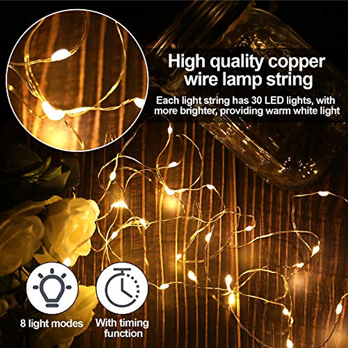 Anpro Mason Jars sconces with Lights,Decorative Mason Jar Wall Decor,Rustic Wall Sconces with 6-Hour Timer LED Fairy Lights and Flowers (2 Pack) Iron Hooks for Christmas,Halloween Decorations