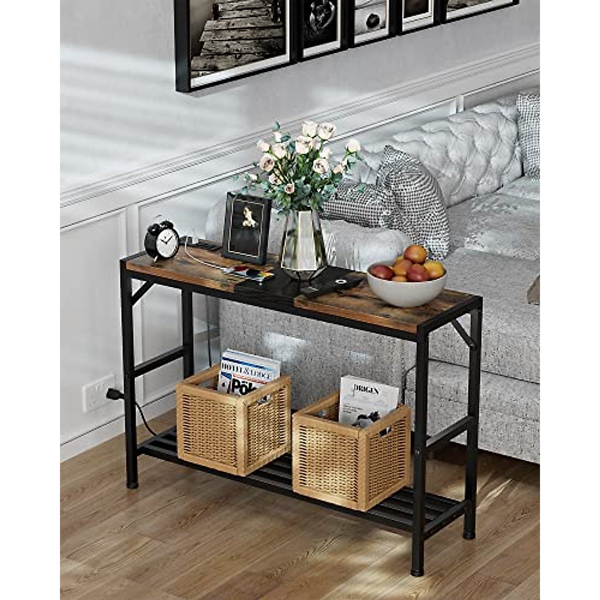 Egepon Console Table Sofa Table with Power Outlet, 41.3" Entryway Table with Shelves, Entrance Table for Entryway, Living Room, Foyer, Corridor, Front Hall, Coffee Bar, Kitchen, Rustic Brown and Black