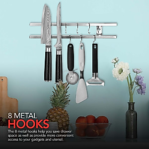 Modern Innovations (12 Inch) Stainless Steel Metal Magnetic Knife Holder, Wall Mount Double Bar with 8 Hooks - Multipurpose Knife Magnetic Strip, Utensil hanger, and Kitchen Storage Rack Magnet