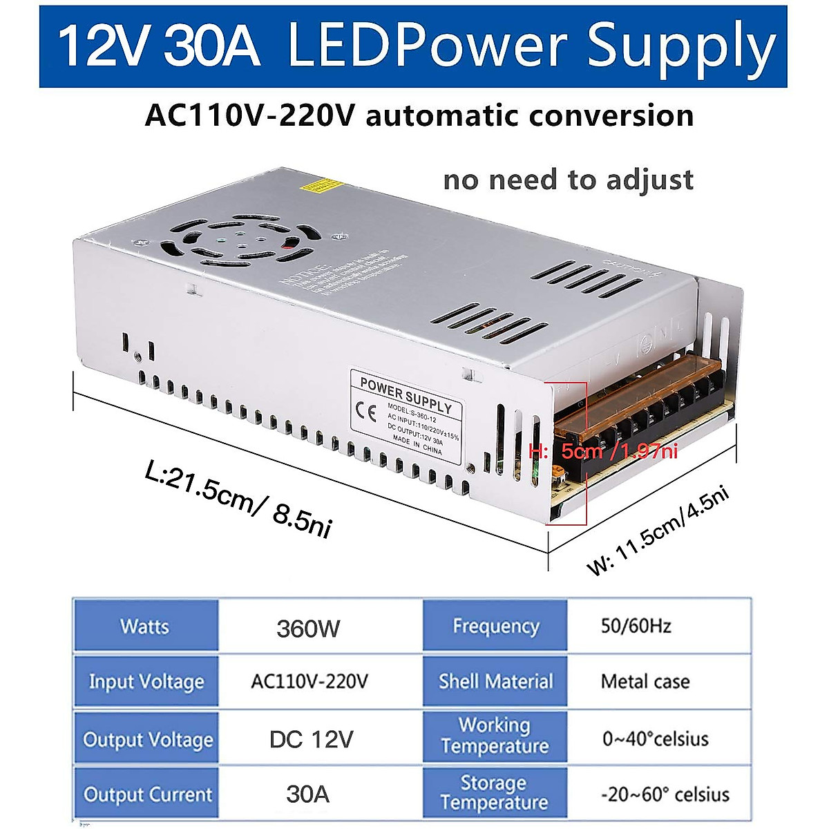 DC 12V 30A Power Supply 360W Universal Regulated Switching AC to DC Converter AC110V/220V (SMPS) Transformer Driver Adapter for LED Strip Light, CCTV Camera Security System, Radio, Computer Project