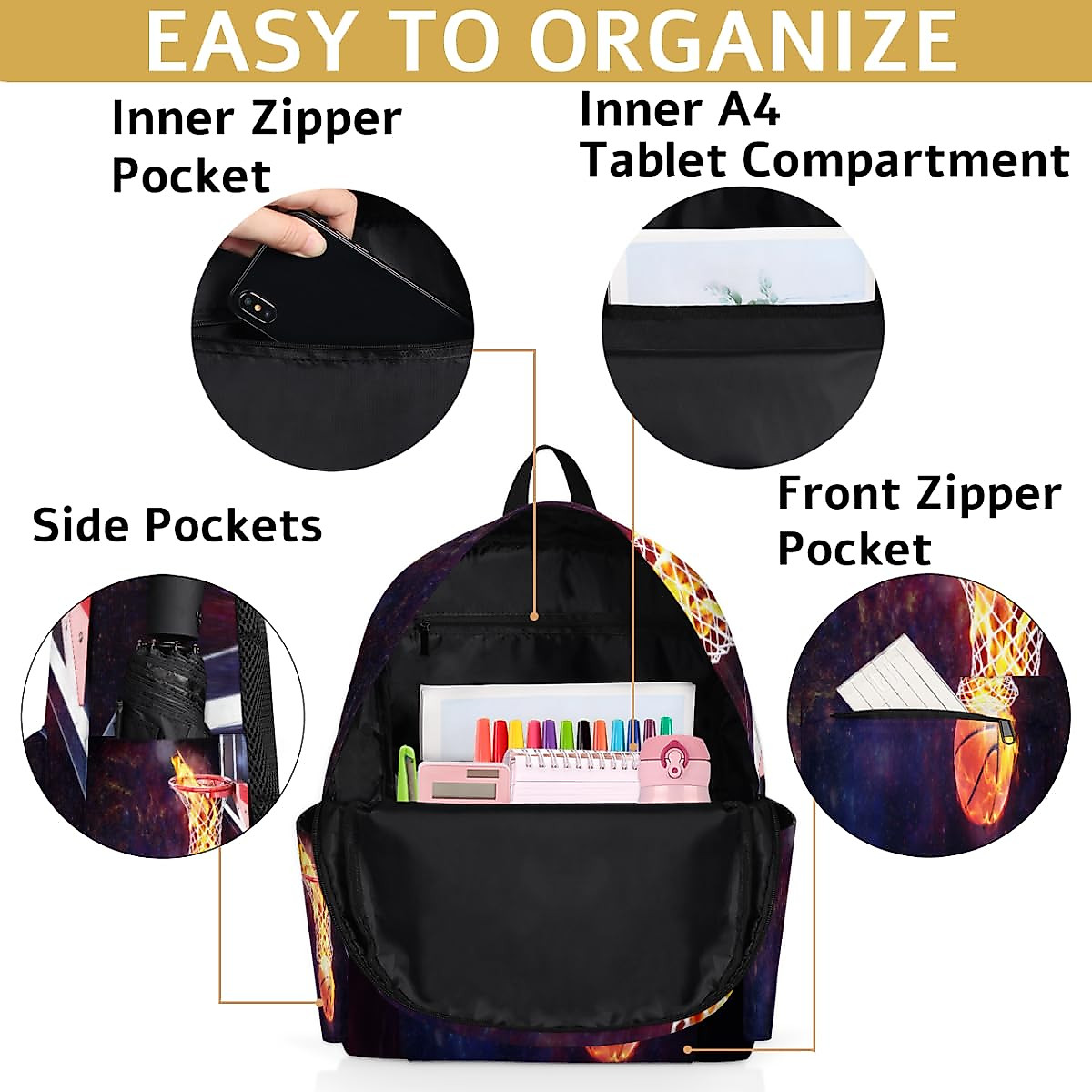 YoCosy School Backpack for Boys Girls Purple Galaxy Nebula Burning Basketball Kids Backpack Bookbag for Elementary Preschool Travel Daypack Laptop Backpack Purse for Women Men Teens