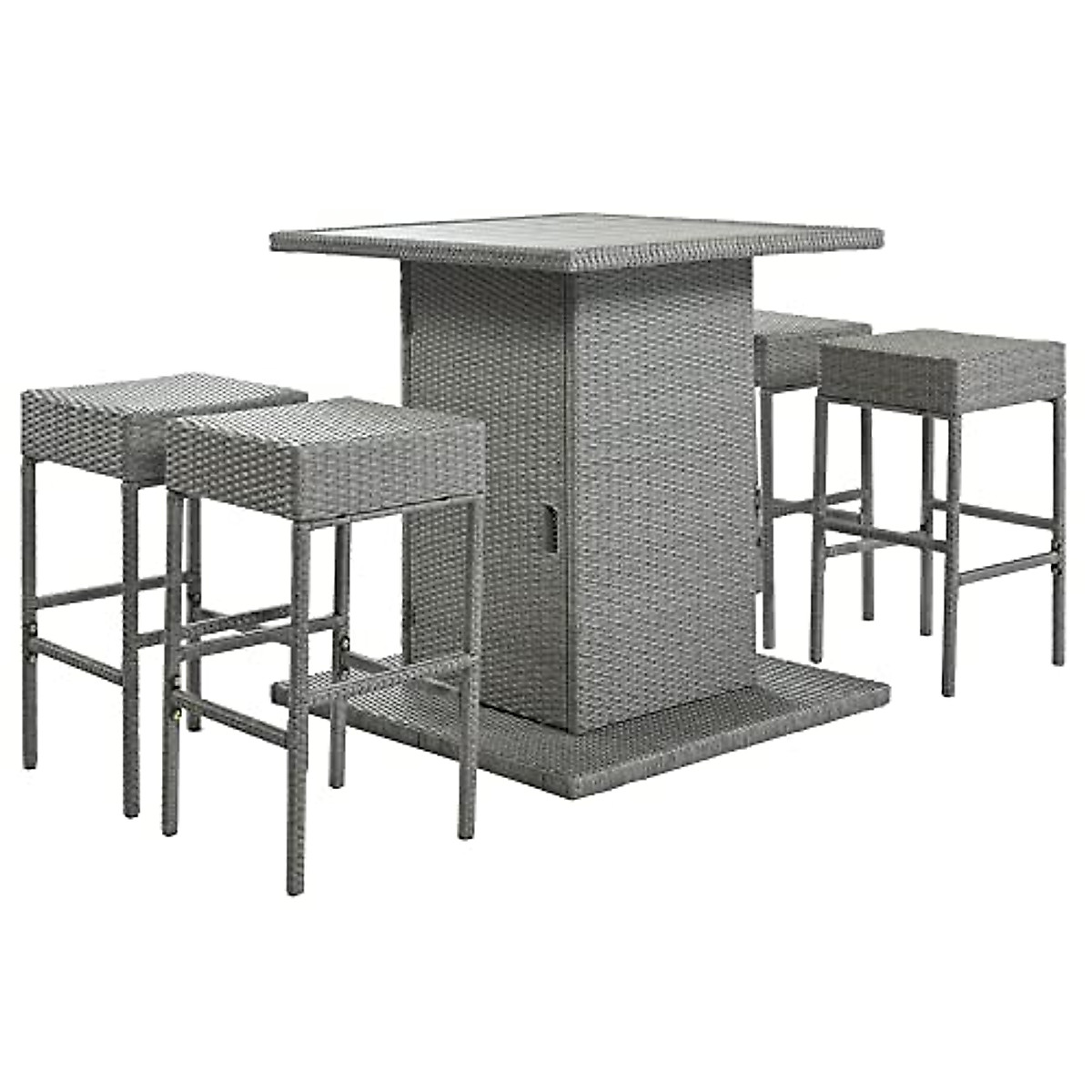 LCH Patio Bar Counter Height Bistro, Outdoor 5-Piece PE Rattan Dining Set, All-Weather Wicker Square Kitchen Table with Storage Shelf and 4 Padded Stools, Grey