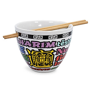 Bowl Bop Noodle Collage Japanese Ceramic Dinnerware Set | Includes 16-Ounce Ramen Noodle Bowl and Wooden Chopsticks | Asian Food Dish Set For Home & Kitchen | Kawaii Anime Gifts and Collectibles