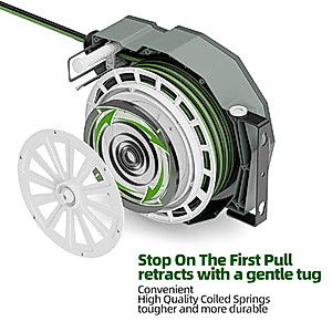 SPECILITE Retractable Heavy Duty Garden Hose Reel, 1/2" X 66 + 5 FT 2 Year Anti-Fading Wall Mounted Hose Reel, Smooth Automatic Rewind, 9 Pattern Sprayer, 180° Swival Bracket, Any Length Lock