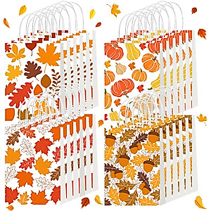 Glenmal 24 Pcs Fall Gift Bags Thanksgiving Treat Bag with Handle Maple Leaf Pumpkin Chestnut Design Goodie Bags Fall Kraft Bag for Thanksgiving Autumn Party Favors Bridal Shower