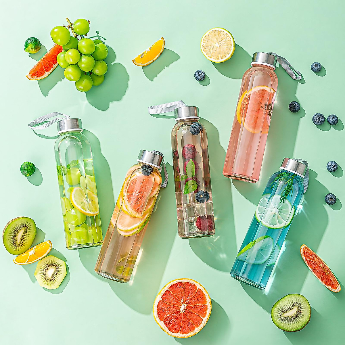 wookgreat Glass Water Bottles, 12 pcs 18 oz Glass Bottles, Reusable Sports Water Bottle with Stainless Steel Lids and Carrying Straps, BPA Free, Leak-proof Water Bottles for Travel, Gym, Office