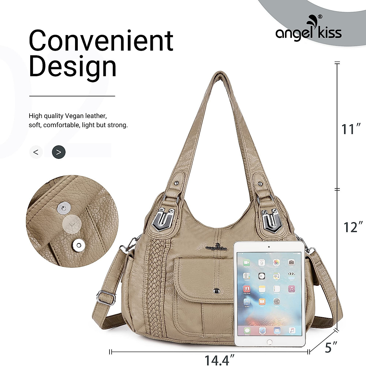 Angelkiss Purses and Handbags for Women Washed Vegan Leather Crossbody Hobo Satchel Shoulder Tote Purse L.BROWN