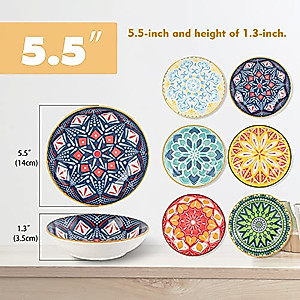 5.5 inch Wide Shallow Cat Food Bowl Set for Relief Whisker Fatigue -Ceramic - 6 Colorful Cute Small Flat Kitten Feeding Dish/ Dishes - Microwave and Dishwasher Safe - 8 oz