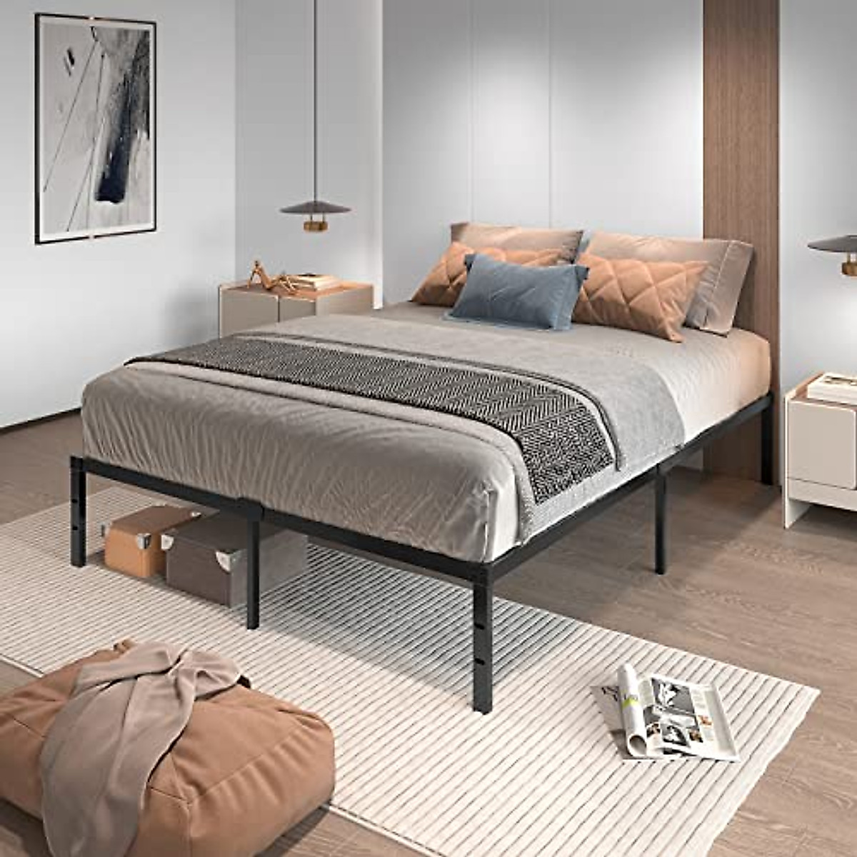 LIJQCI 14 Inch Queen Bed Frame, Metal Platform Bed Frames 3000 lbs Heavy Duty Steel Slat Support Easy Assembly Mattress Foundation Noise Free No Box Spring Needed, Black