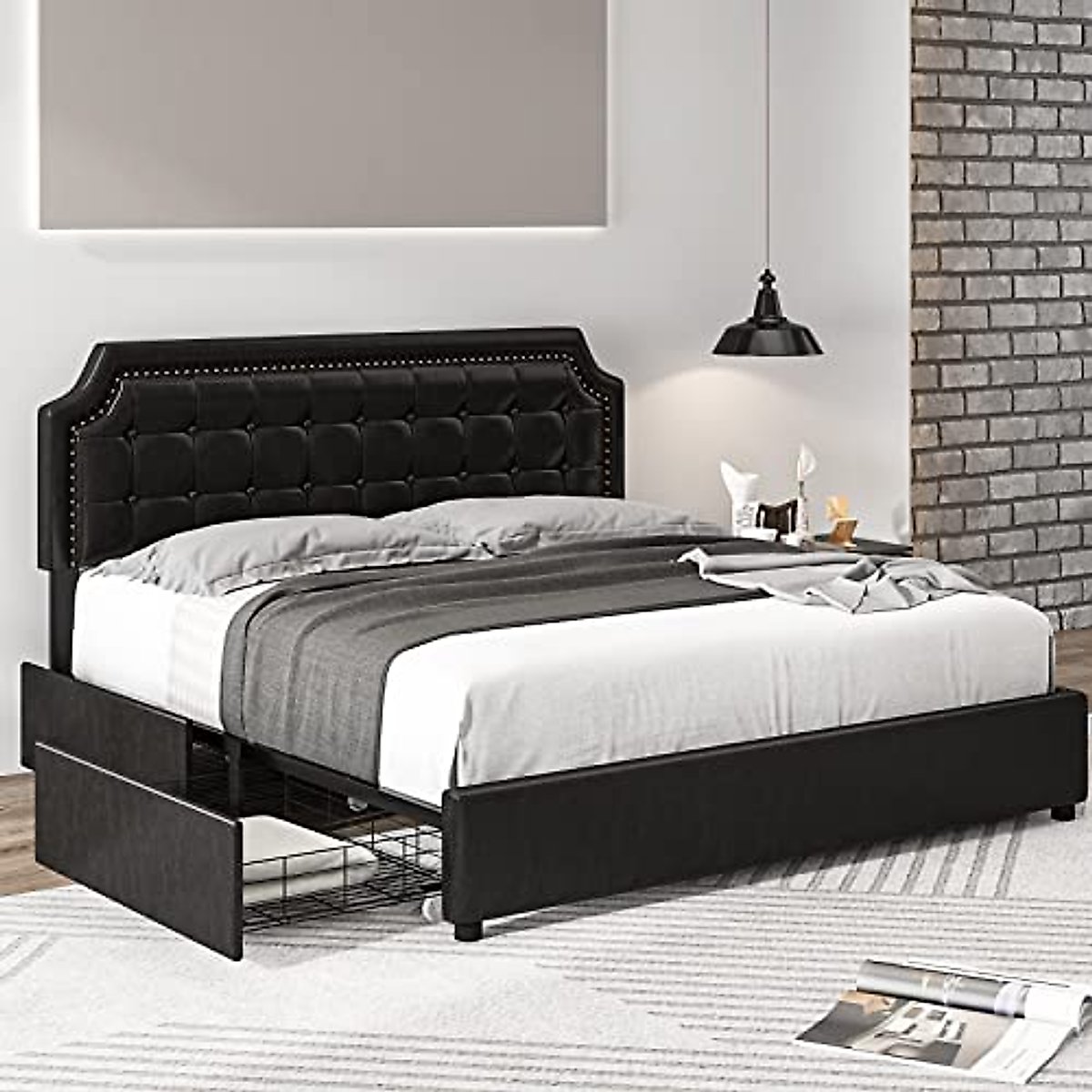 Keyluv King Size Bed Frame with 4 Drawers, Upholstered Platform Storage Bed with Curved Button Tufted Headboard with Nailhead Trim, Solid Wooden Slats Support, No Box Spring Needed, Black