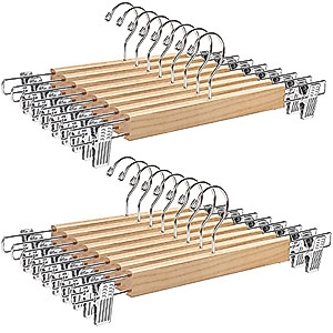 Amber Home 14.17" Solid Natural Wooden Pant Skirt Hangers 24 Pack, Bottom Hangers for Slacks Trousers Jeans with 2-Adjustable Anti-Rust Clips (Natural, 24 Pack)