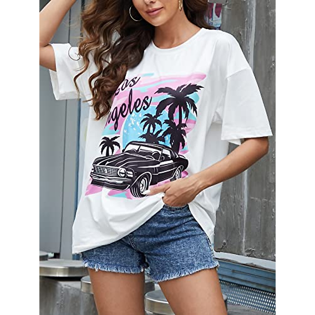 VENTELAN Women's Graphic Oversized Tees Letter Print Summer Tops Half Sleeve Loose Casual Round Neck T Shirts,M