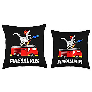 Cool Fire Fighter Truck Firetruck Firefighter Gift Fire Fighter Saurus Firetruck Fireman Dinosaur T-Rex Throw Pillow, 16x16, Multicolor