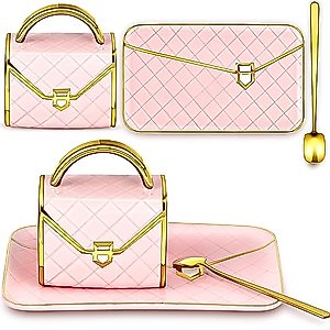 Zubebe Handbag Shaped Mug Purse Coffee Ceramic Mug Set with Spoon and Saucer 10 Oz/ 310 ml Cute Creative Design Travel Tea Cup for Women Thanksgiving Christmas Gifts (Pink,1 Set)