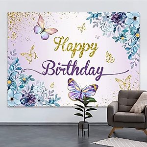 7x5ft Butterfly Happy Birthday Backdrop Purple Butterfly Kisses and Bday Wishes Butterflies Blue Floral Gold Spots Flowers Photography Background for Princess Girl Party Decoration Banner Photo Booth