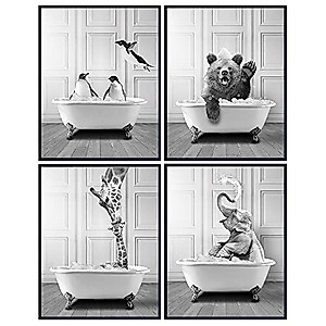 Funny Bathroom Decor for Women, Kids - Elephant, Bear, Giraffe, Penguin Wall Art - Bathroom Pictures - Bath Wall Decor - Cute Modern Bathroom Accessories - Cool Unique Bathroom Sign - Powder Room