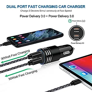 USB C Car Charger, 60W 2-Port PD Super Fast Car Charging Adapter+6FT Type C to C Cable for Samsung Galaxy S23/S23+/S23 Ultra/S22/S22 Ultra/S22+/S21 FE/S20 A54 A14 A53 5G A13 A23 A03S A12 A32 A42 A52