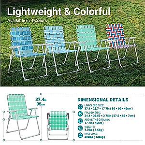 #WEJOY Anti-tip Over Folding Webbed Lawn Chair, Oversized 17-in High Beach Chair for Adults Heavy Duty,Aluminum High Seat Camping Chair for Elder Outdoor Garden Park Backyard(Cyan/Grey)