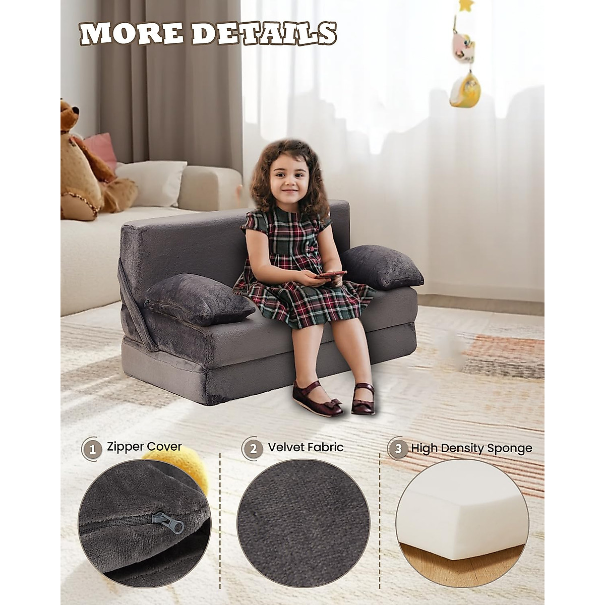 Weighted Idea Kids Sofa Toddler Couch Safe Sturdy for Boys, Soft Flannel Fabric Comfy Kid Couch Fold Out for Lounger, 2-in-1 Convertible Child Sofa Bed for Bedroom(Medium Grey)