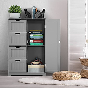 Giantex Bathroom Storage Cabinet with Drawers - 4 Drawer Storage Organizer w/Cupboard, Adjustable Shelf, Anti-Toppling Device, Entryway Storage Unit Console Table, Bathroom Floor Cabinet (Gray)