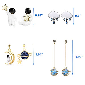 Astronaut Stud Earrings, 4 Pairs Creative Asymmetric Spaceman Star Moon Stud Earrings Planet Dangle Cloud Rain Drop Earrings for Girls Kids Women