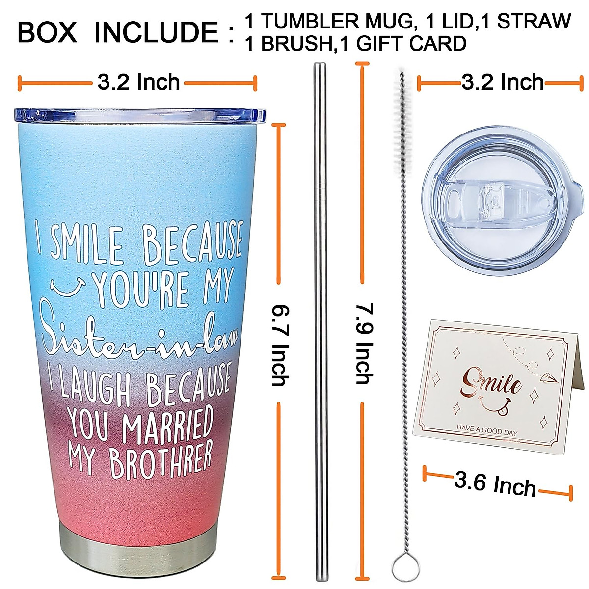 CTIGERS Funny Sister in Law Tumbler with Lid and Straw Insulated Travel Mug Gifts for Sister-in-law Birthday,Christmas,Thank Giving Day,Wedding Gifts for Sister Law 20 oz Blue Red Gradient