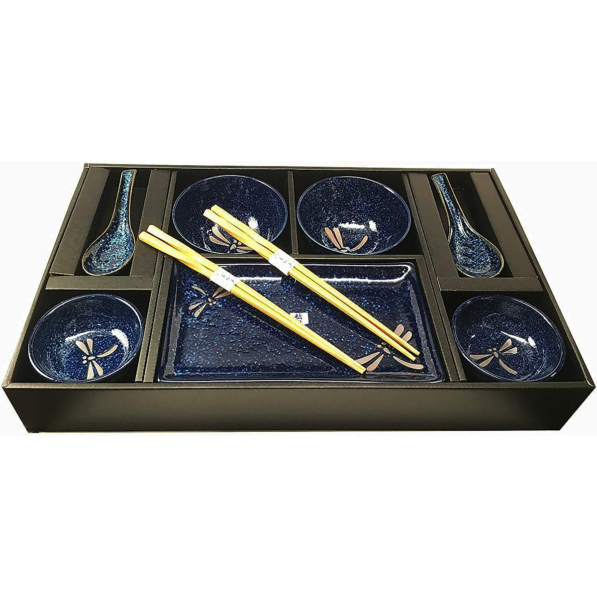 Ebros Gift Japanese Mino Ware Tombo Dragonfly Blue Porcelain Sushi Dinnerware 10pc Set For 2 People Pairs of Sushi Plates Soup And Sauce Bowls Bamboo Chopsticks Asian Soup Spoons Housewarming Gift