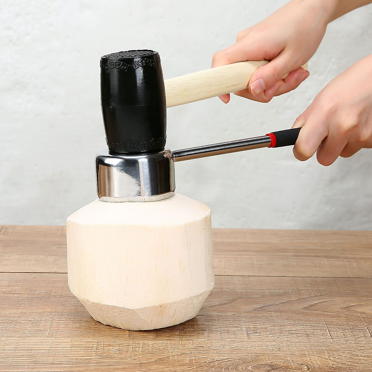 11 Pieces Coconut Opener Tool Set, Include 1 Coconut Opener Tool with Black Rubber Handle, 1 Stainless Steel Coconut Meat Removal Knife, 1 Straight St, 2 Bent Sts, 1 Cleaning Brush and 1 Bag