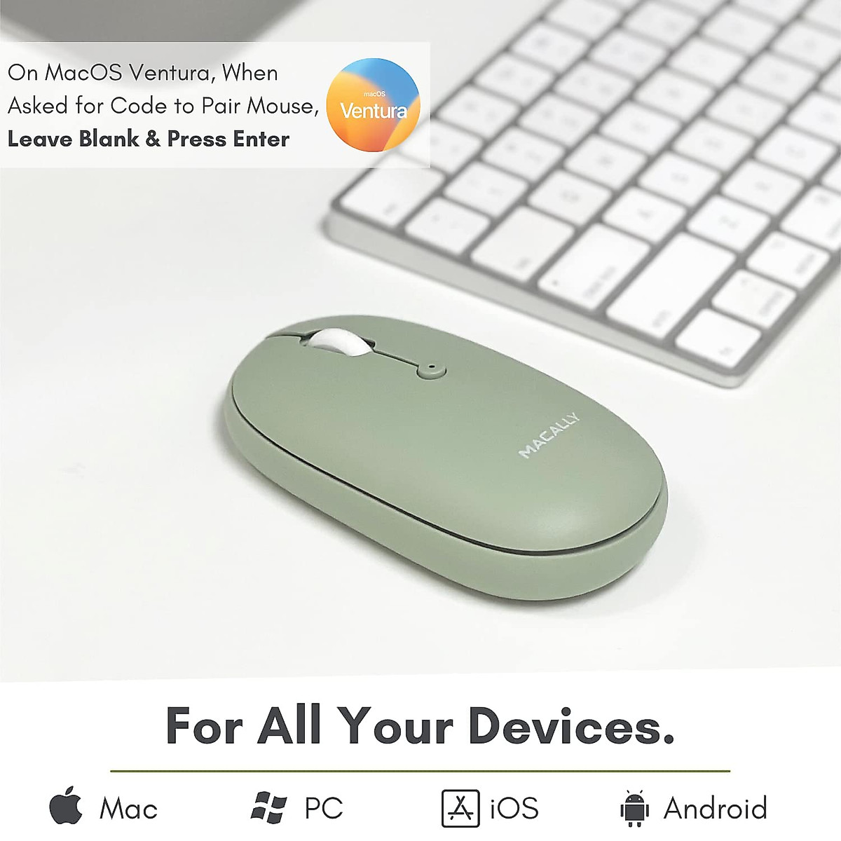Macally Wireless Bluetooth Mouse - Strong Connection - Quiet, Comfortable, Rechargeable Mouse for MacBook Air/Pro, Mac, iMac, Apple iPad - Wireless Mouse for Laptop, Windows PC Desktop