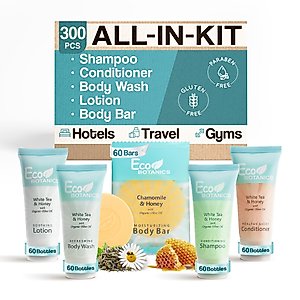 Eco Botanics Hotel Soaps & Toiletries Bulk Set | 0.85oz Hotel Shampoo & Conditioner, Body Wash, Body Lotion & Bar Soap Travel Size | 300 Pieces