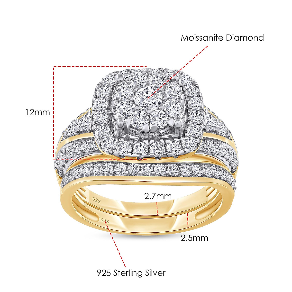 SAVEARTH DIAMONDS 1 1/4 CTTW Round Lab Created Moissanite Diamond Double Halo Bridal Set Wedding Ring In 14k Yellow Gold Over Sterling Silver (1.25 Cttw) Size-6.5