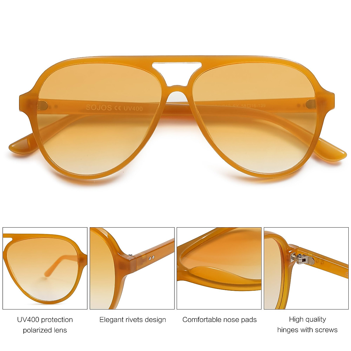 SOJOS Classic Polarized Aviator Sunglasses for Women Men, Retro Trendy Aviators Shades SJ2201, Orange/Gradient Yellow