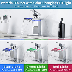 Y-Garhe LED Bathroom Sink Faucet - Chrome Single Hole or 4 Inch Centerset Waterfall Faucet with Stainless Steel Spout and Temperature-Sensitive LED Lights, Includes Deck Plate