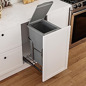 34-Quart Pull-Out Trash Can with Soft Close and Lid for 14.2" W x 22" D x 24.8" H Min Cabinets, Sliding Under Mount Kitchen Pullout Waste Container Trash Can, Gray