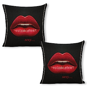 JOJOART Red Lipstick 3D Throw Pillow Covers 18×18 Pillowcases Set of 2 Sexy Lips Vintage Linen Decorative Square Pillow Case Cushion Covers Standard Size for Sofa Couch Outdoor Bed Pillow Protectors