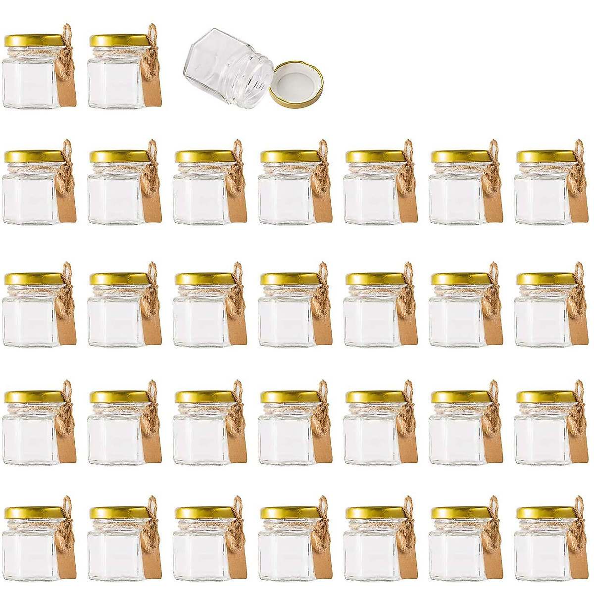 Encheng 1.5 oz Clear Hexagon Jars,Small Glass Jars With Lids(golden),Mason Jars For Herbs,Foods,Jams,Liquid,Mini Spice Jars For Storage 30 Pack …