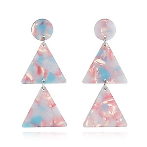 Acrylic Double Triangle Dangle Earrings for Women Resin Geometric Round Circle Tassel Drop Dangling Stud Hypoallergenic Lightweight Retro Party Y2K Jewelry Christmas Tree (Pink and Blue)