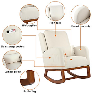DAGONHIL Glider Chair Nursery Rocking Chair, High Back Armchair with Side Pocket, Upholstered Accent Chair with Rubber Wood Legs and Pillow, Flannel Chair for Living Room/Bedroom/Nursery, Beige