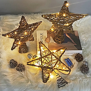 Christmas Tree Topper,Lighted Rattan Star Tree Topper with 15 LED Lights for Christmas Tree and Holiday Seasonal Decoration (Thick