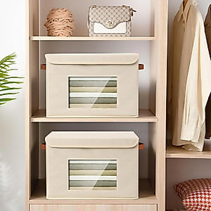 Storage Bins for Clothes, 40L Large Collapsible Stackable Closet Organizer Containers, Storage Boxes with Lids,Storage Cube Basket, Clear Windows & PU Leather Handles, Pack of 3,17x12x12 Inch