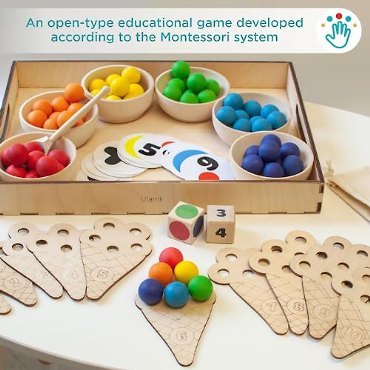 Ulanik Sweet Counting Large Toddler Montessori Toys for 3 Year Old + Kids Wooden Matching Game for Learning Color Sorting and Counting — 60 Balls, 0.98 in