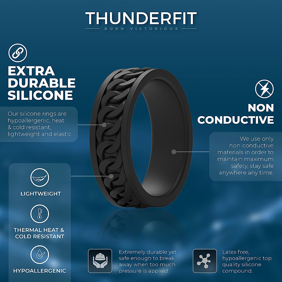 ThunderFit Silicone Wedding Rings for Men, Chain Design Rubber Engagement Bands 7mm Wide 2mm Thick - 1/4/7 Variety Multipack (Pack A, 14.5-15 (23.82mm))