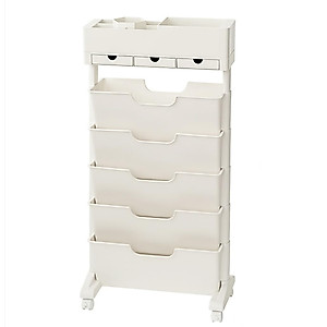 Soccerboy 6 Tier Mobile Bookshelf Bookcase with Lockable Casters,Rolling Utility Cart with 3 Drawer,Movable Storage Organizer for Living Room, Bedroom, Kitchen (White)