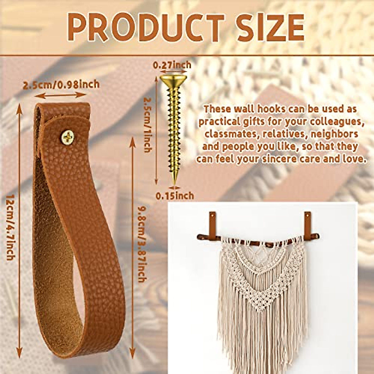 8 Pieces Artificial Leather Wall Hooks 1 x 4.7 Inches Wall Hanging Strap Wall Mounted Loop for Hanging Leather Strap Hangers for Bathroom Bedroom Kitchen Towel Holder Supplies (Dark Yellow)